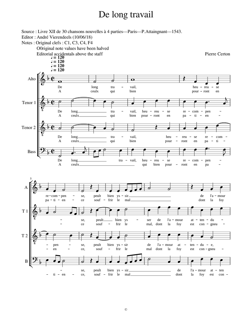 De long travail - Pierre Certon Sheet music for Bass guitar (Solo ...