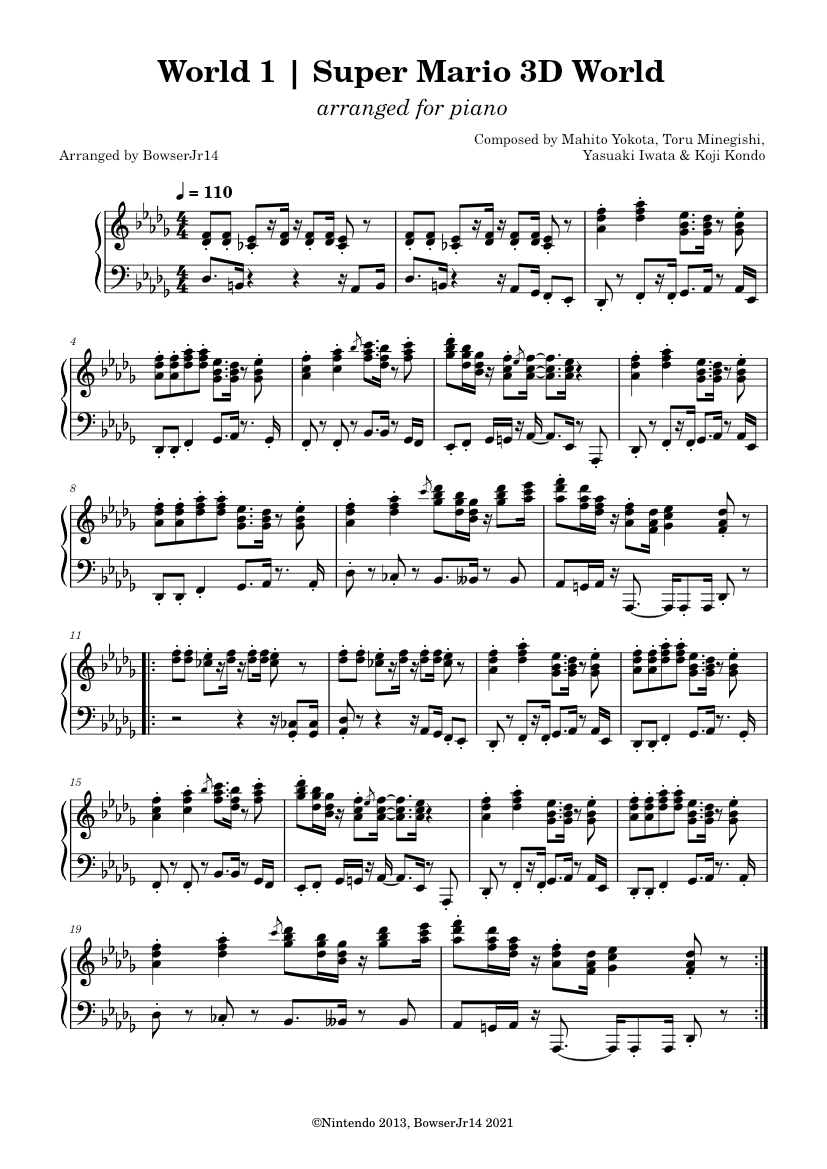 World 1 | Super Mario 3D World (Arranged for Piano) Sheet music for ...