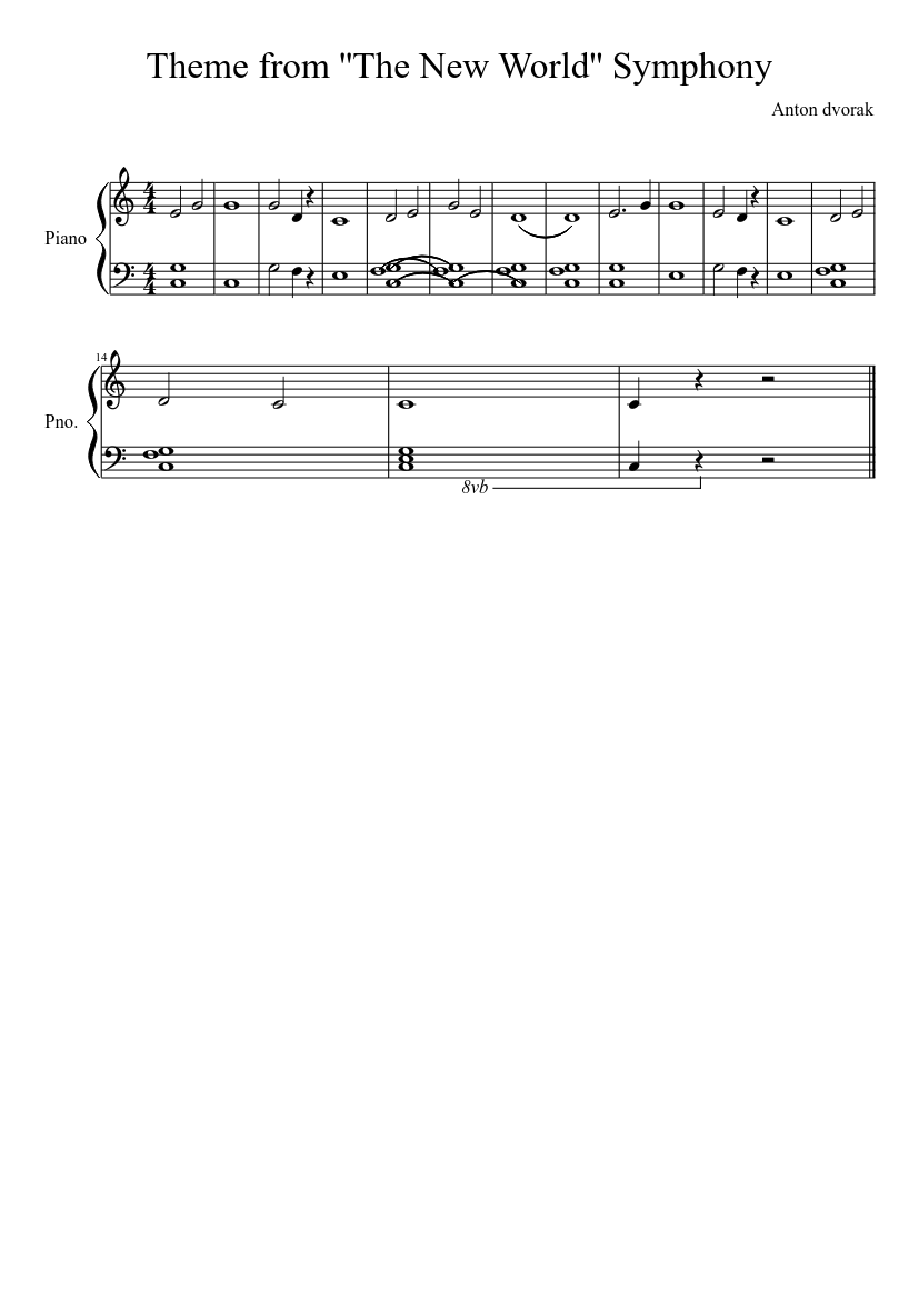 Theme from ''The New World'' Symphony Sheet music for Piano (Solo ...