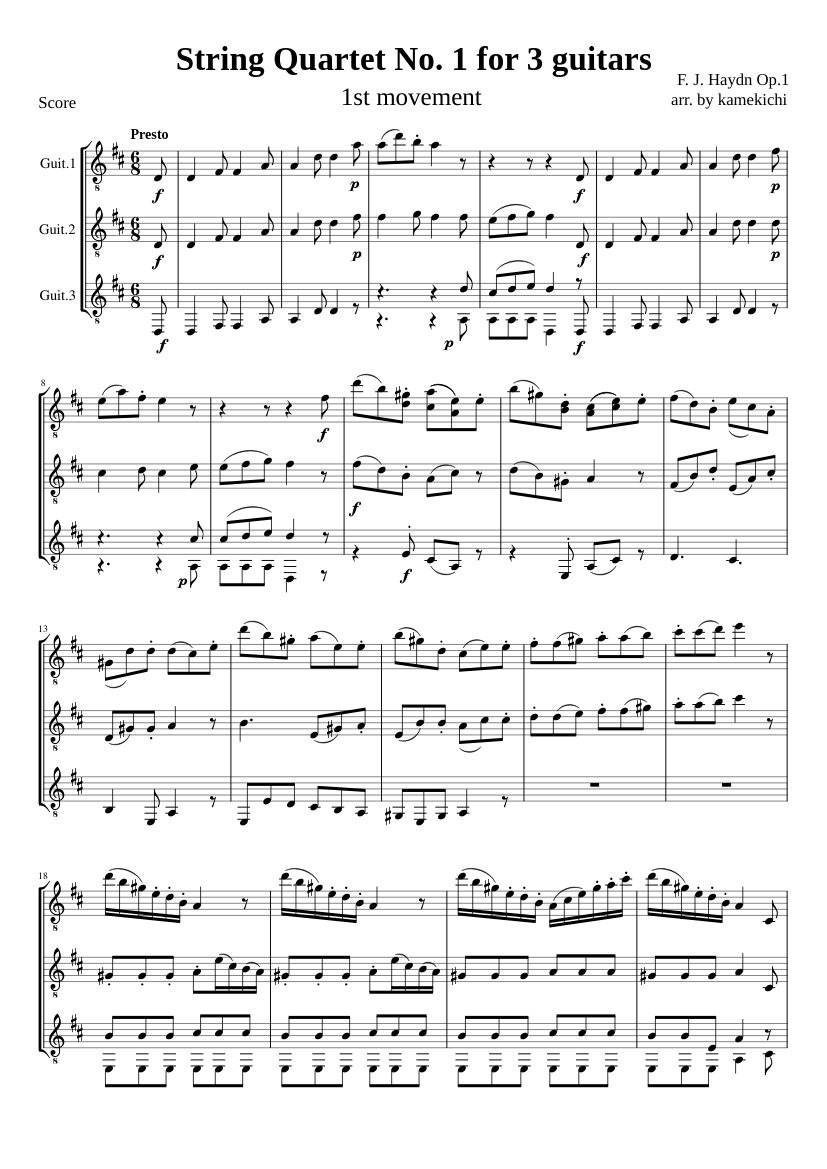 Haydn String Quartet No.1 Mvt.1 for 3 guitars Sheet music for Guitar (Mixed Trio) | Musescore.com