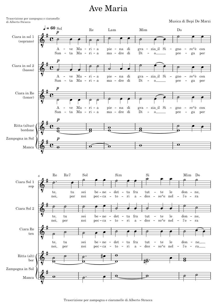 Ave Maria – Bepi de Marzi Trascrizione per zampogna e ciaramelle Sheet music for Bass voice ...