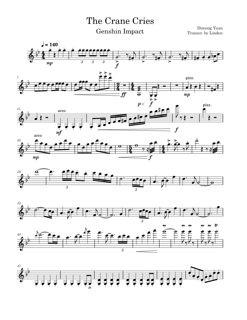The Crane Cries – Dimeng Yuan from Genshin Impact Sheet music for ...