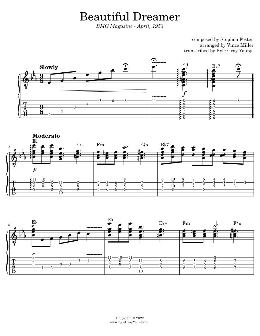 Beautiful Dreamer – Stephen Foster (1953 plectrum guitar tab) Sheet Music for Guitar (Solo ...