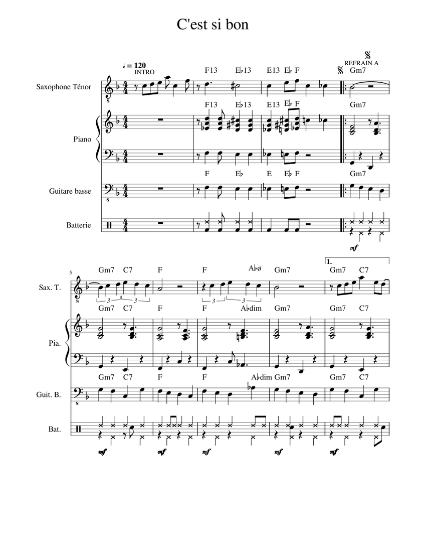 C'est si bon in F Sheet music for Piano, Saxophone tenor, Bass guitar ...