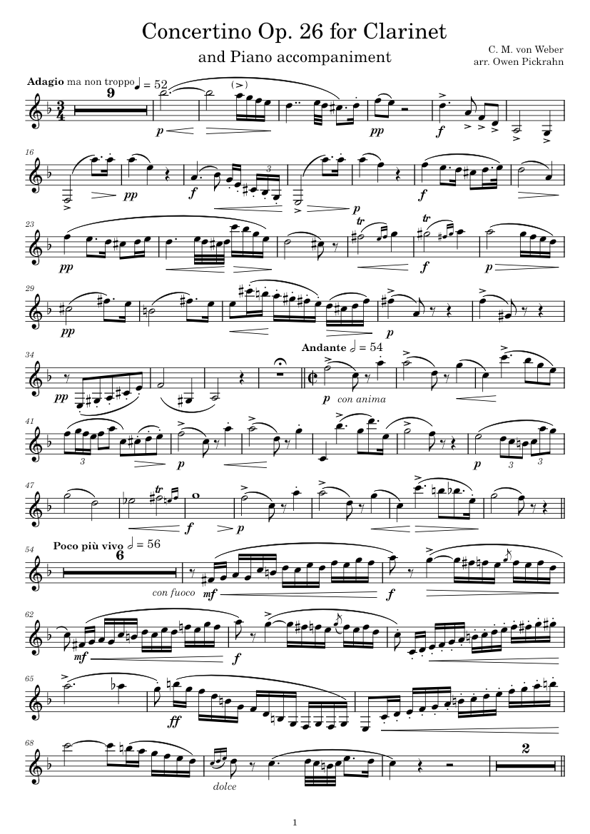 Concertino for Clarinet Op. 26 – Carl Maria von Weber Sheet music for Clarinet other (Solo ...