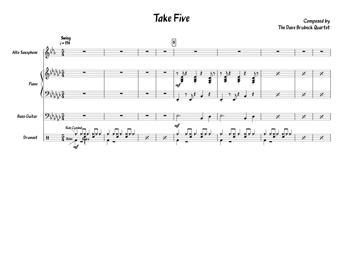 Take Five - The Dave Brubeck Quartet Sheet music for Piano, Saxophone ...