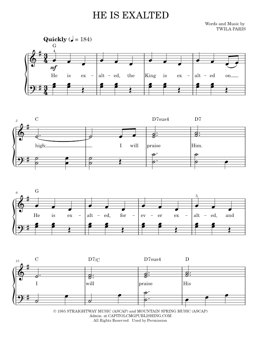 he is exalted Sheet music for Piano by Twila Paris Official | MuseScore.com