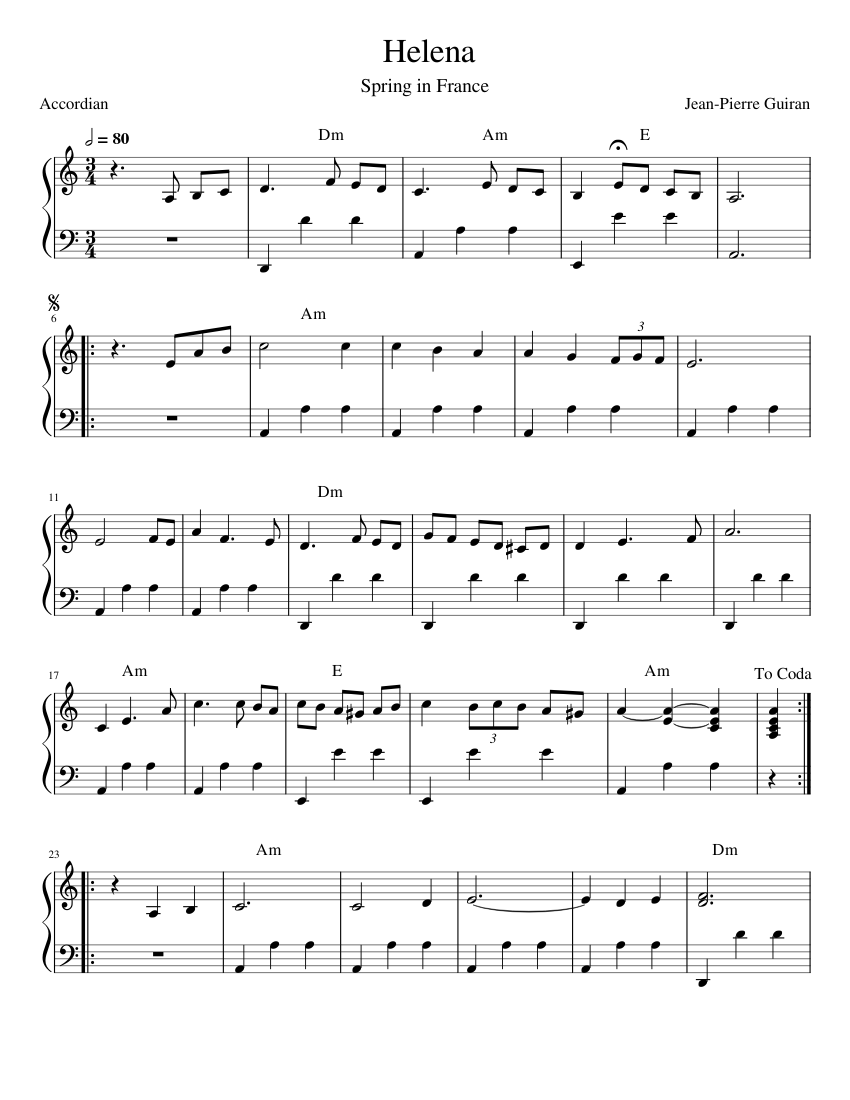 Helena – Jean-Pierre Guiran Sheet Music with Chords for Piano (Solo ...
