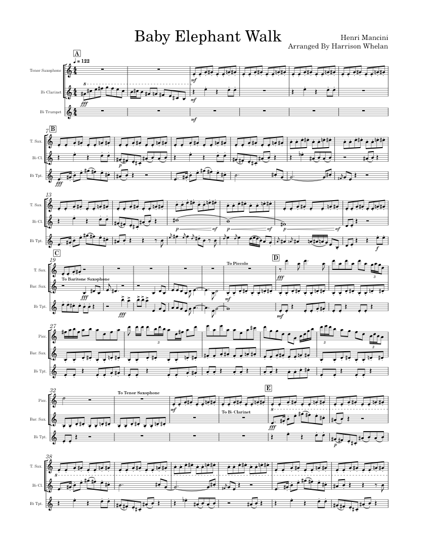 TRIO - Baby elephant walk Sheet music for Clarinet in b-flat, Saxophone tenor, Trumpet in b-flat ...