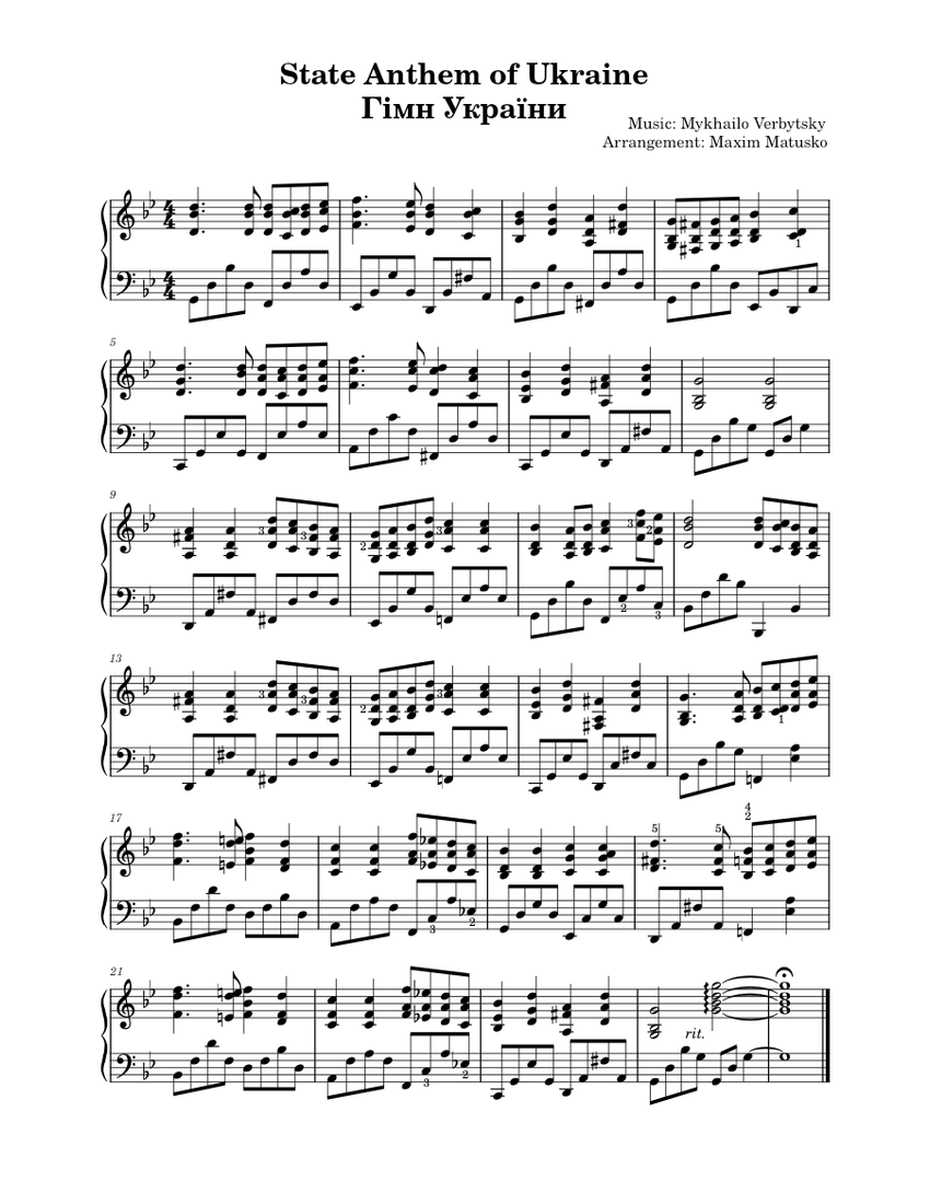 State Anthem of Ukraine – Mykhaylo Verbytskyi (Piano arrangement) Sheet ...