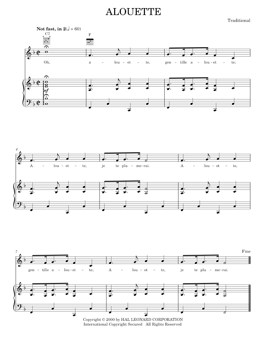 Play Official version of Alouette Sheet Music by French Folk Song for ...