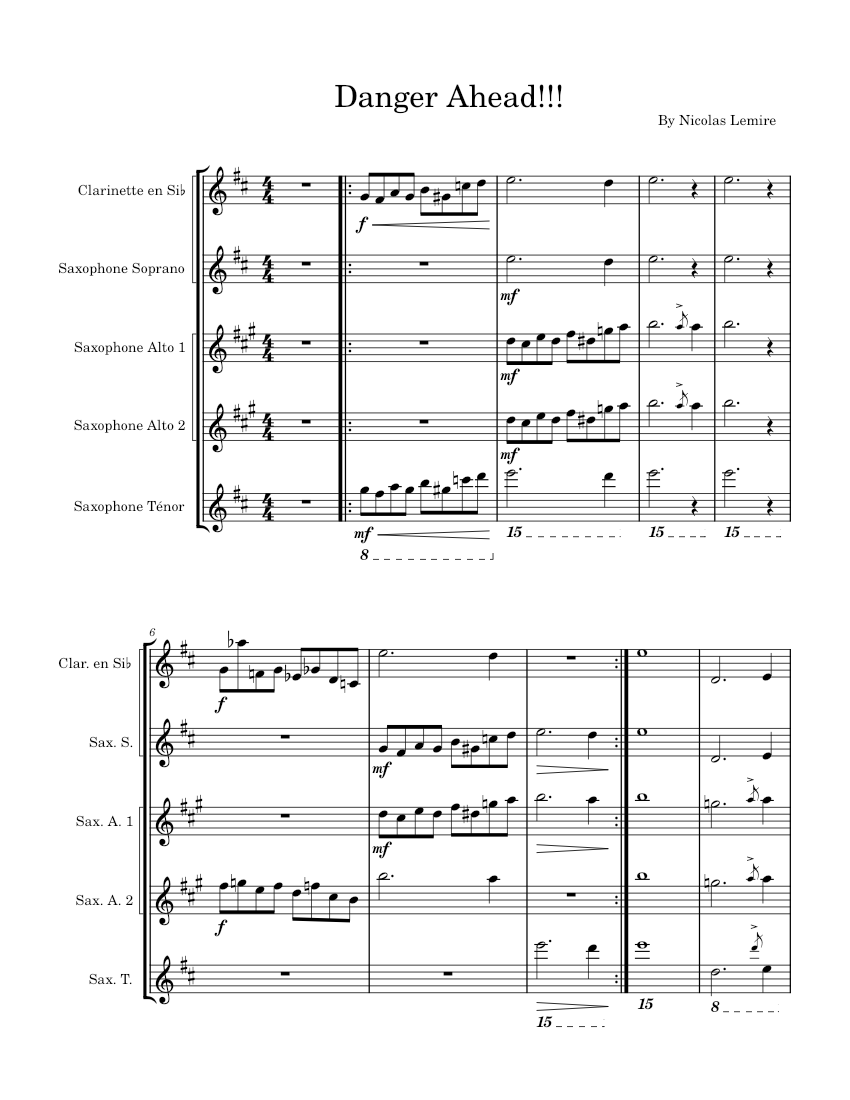 Danger Ahead Sheet music for Saxophone alto, Saxophone tenor, Saxophone ...