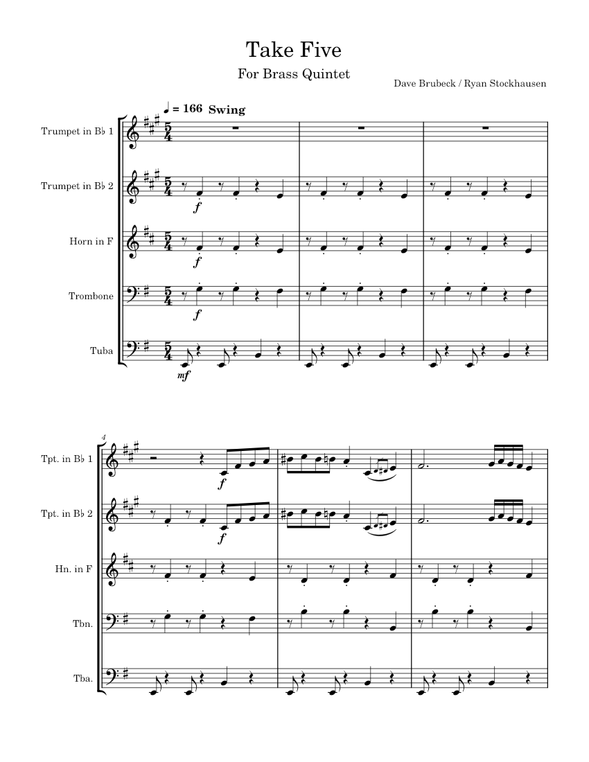 Take Five – David Brubeck Sheet Music for Trombone, Tuba, French horn ...