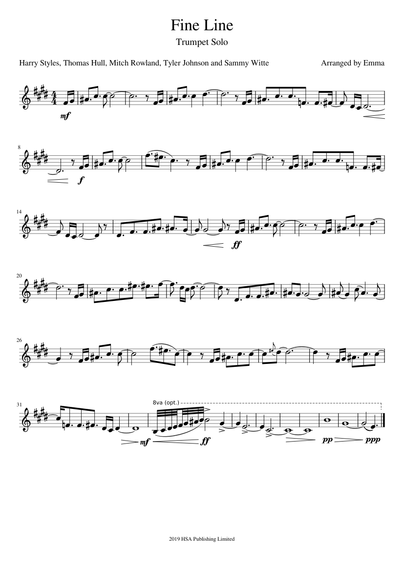 Fine Line - Harry Styles (Trumpet Solo) Sheet music for Trumpet in b ...