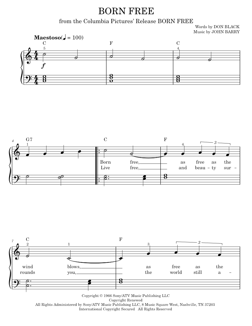 Play Official version of Born free sheet music by John Barry for Piano ...