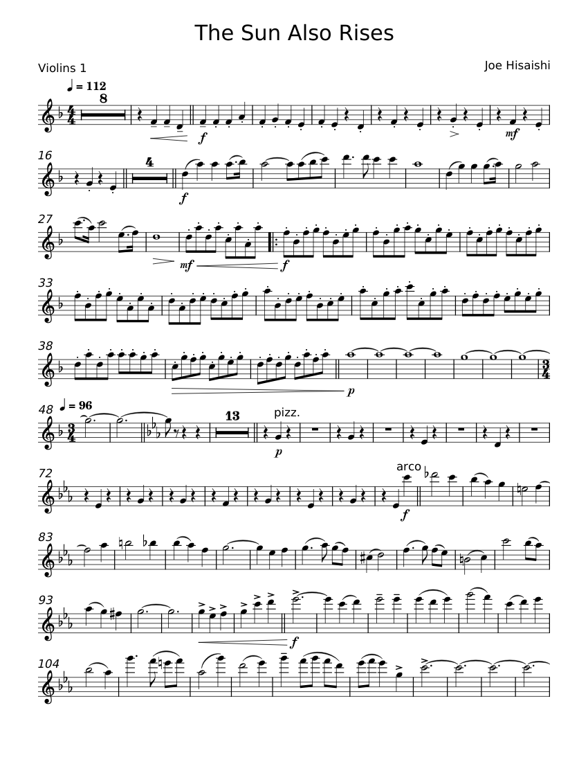 The Sun Also Rises - Joe Hisaishi Sheet Music for Violin (Solo ...