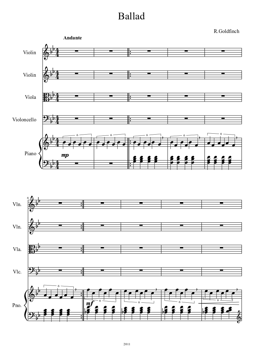 Ballad Sheet Music for Piano, Violin, Viola (Mixed Quartet) easy ...