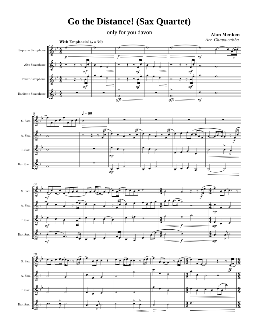Go The Distance – Alan Menken Saxophone Quartet Sheet Music for ...