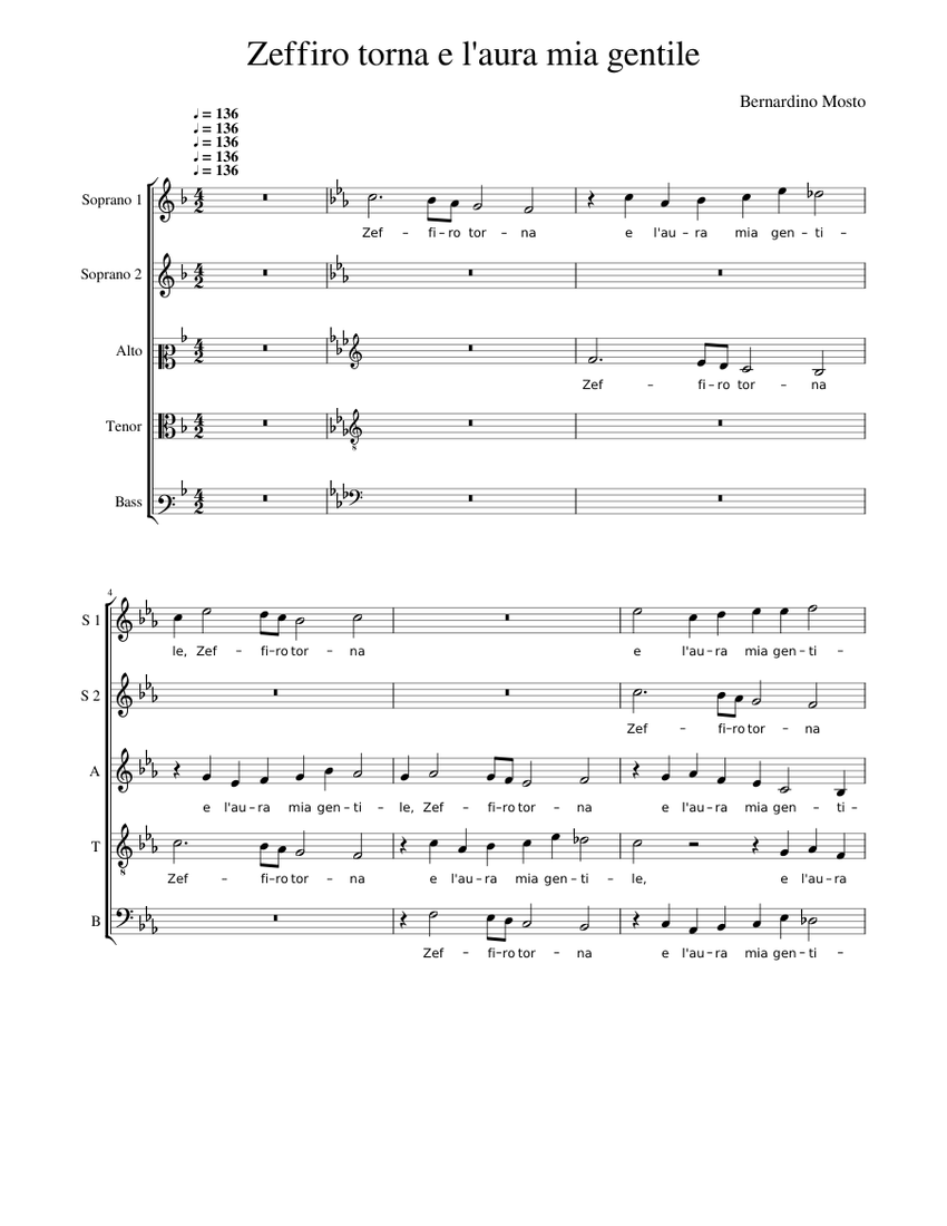 Zeffiro torna e l'aura mia gentile - Bernardino Mosto Sheet music for ...