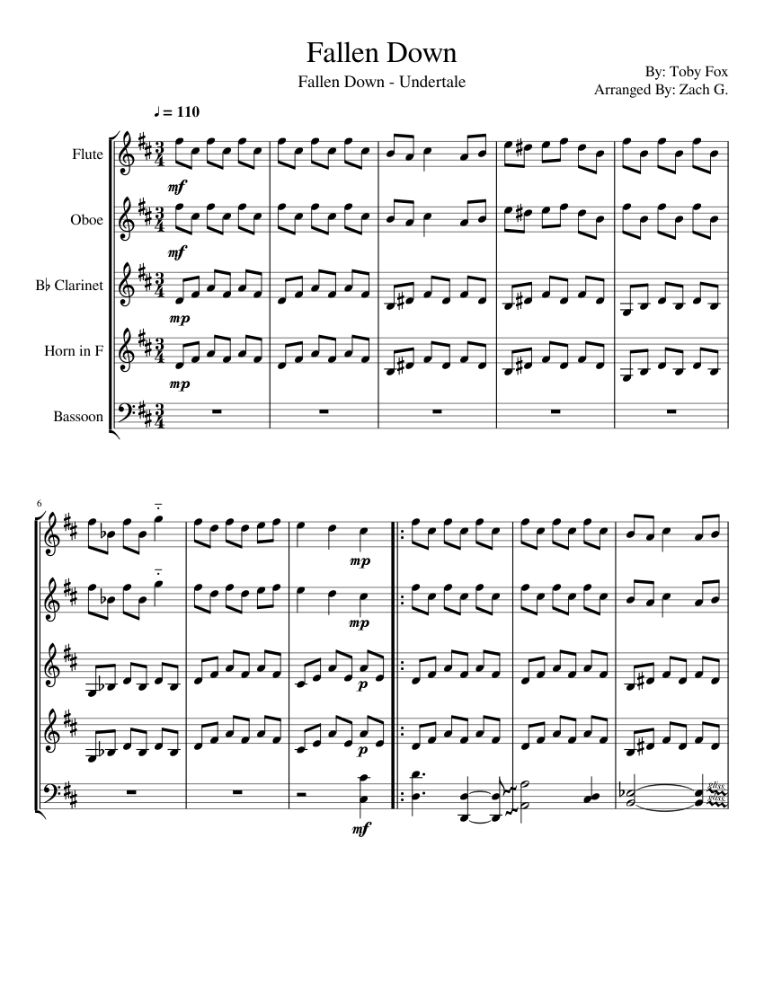 Fallen Down - Undertale Sheet music for Flute, Oboe, Clarinet in b-flat ...