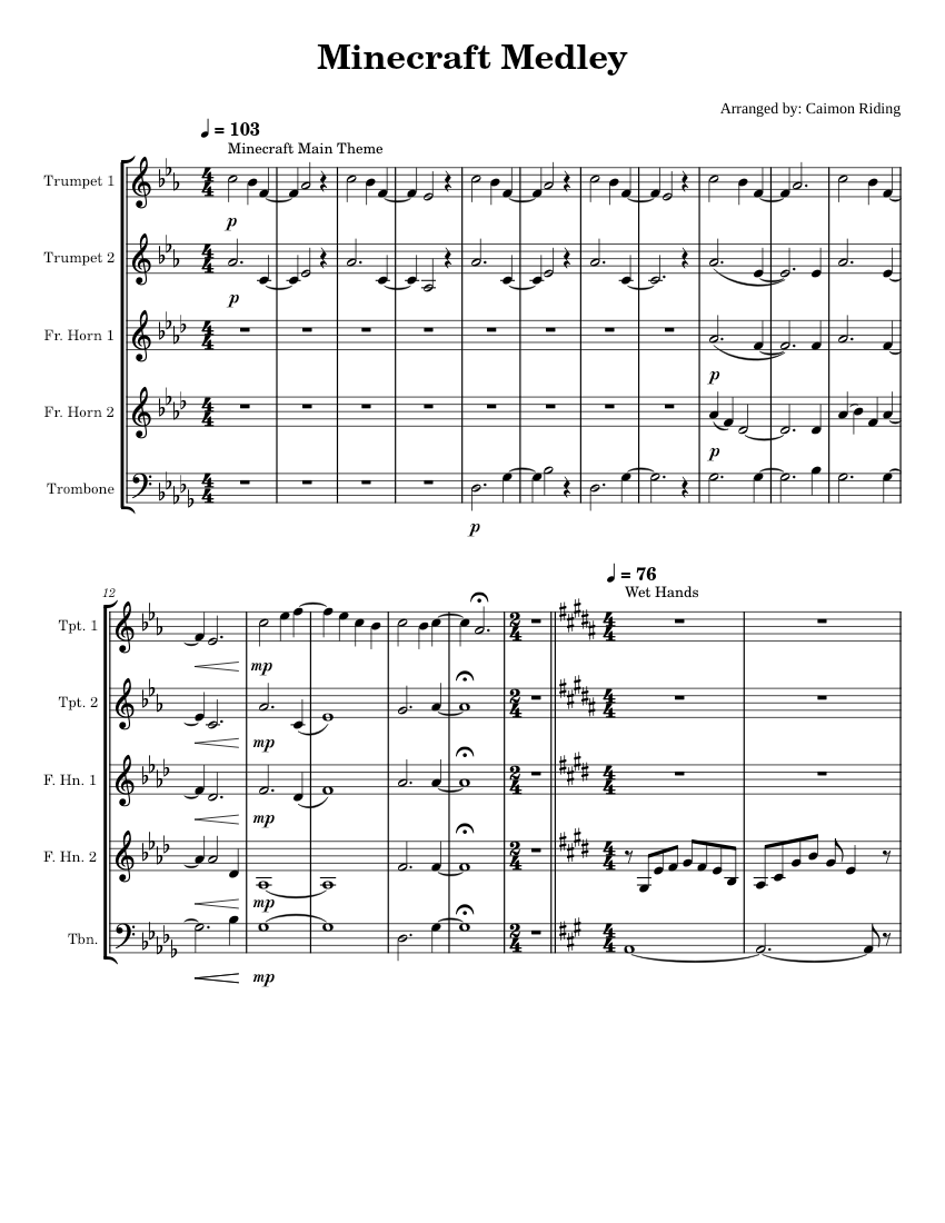 Minecraft Medley for Brass Quintet Sheet Music for Trombone, Trumpet in ...