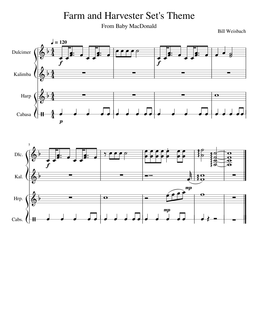Farm and Harvester Set's Theme Sheet Music for Harp, Cabasa, Percussion ...