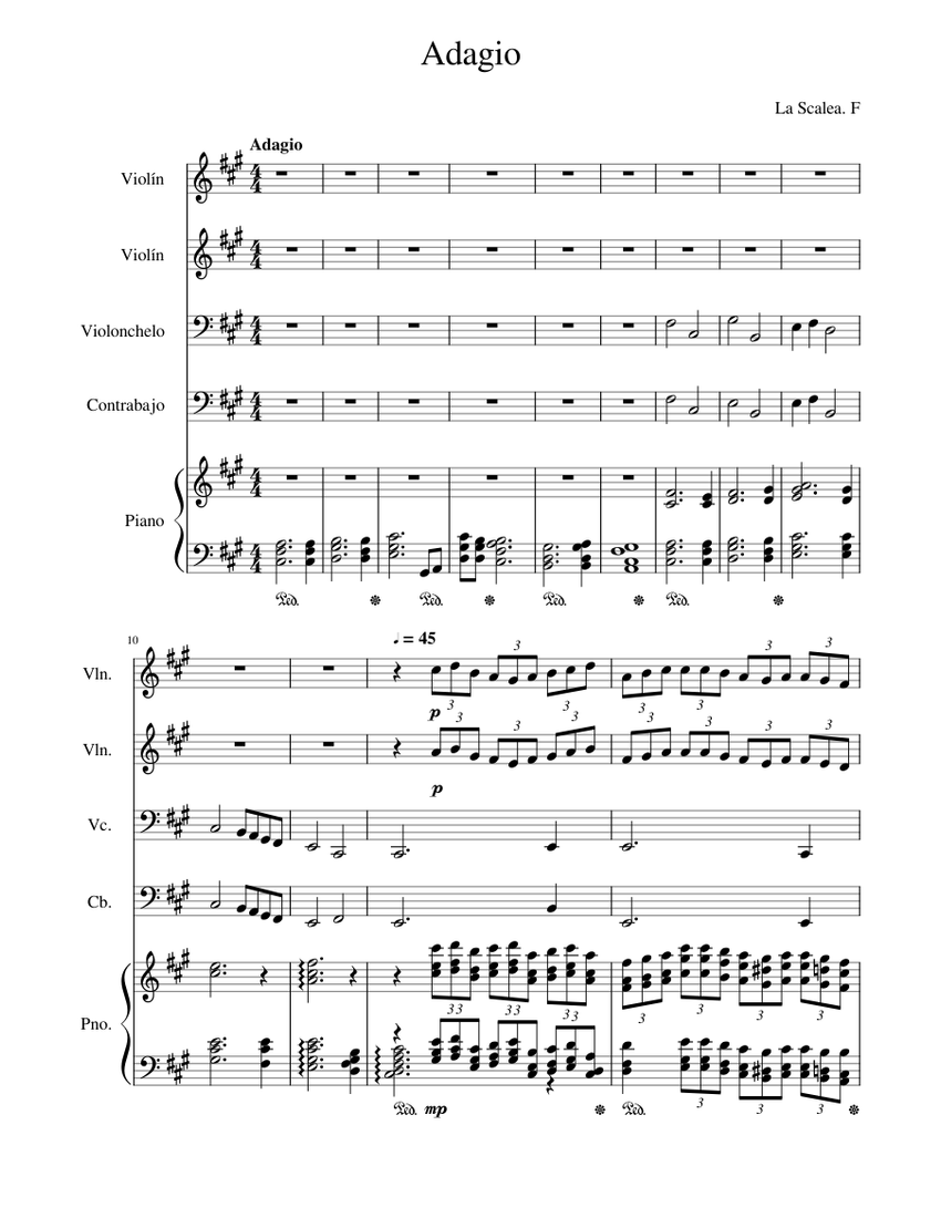 Adagio Sheet music for Piano, Contrabass, Violin, Cello (Mixed Quintet ...