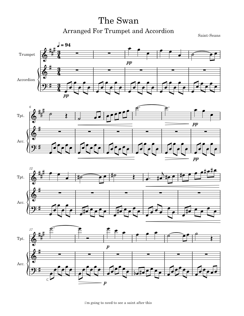 The Swan – Camile Saint Saens The Swan – Arranged for Trumpet and ...