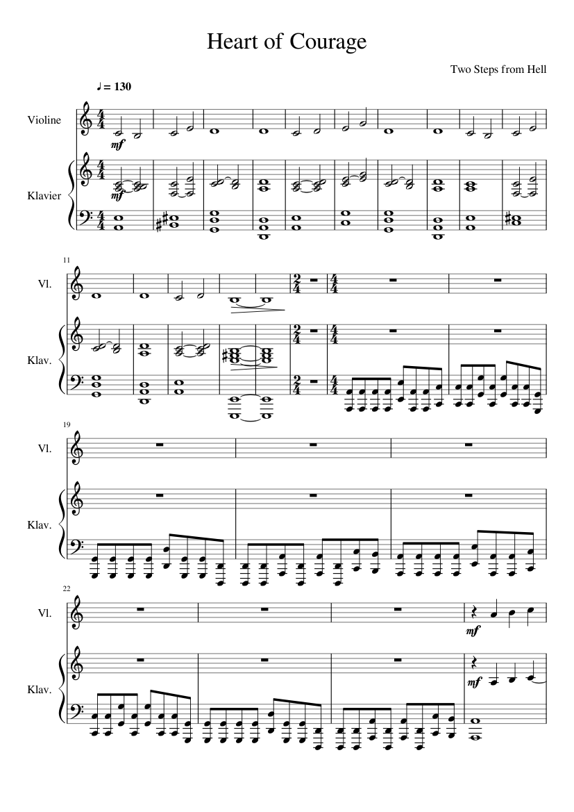 (Heart of Courage) C-Dur Sheet Music for Piano, Violin (Solo ...