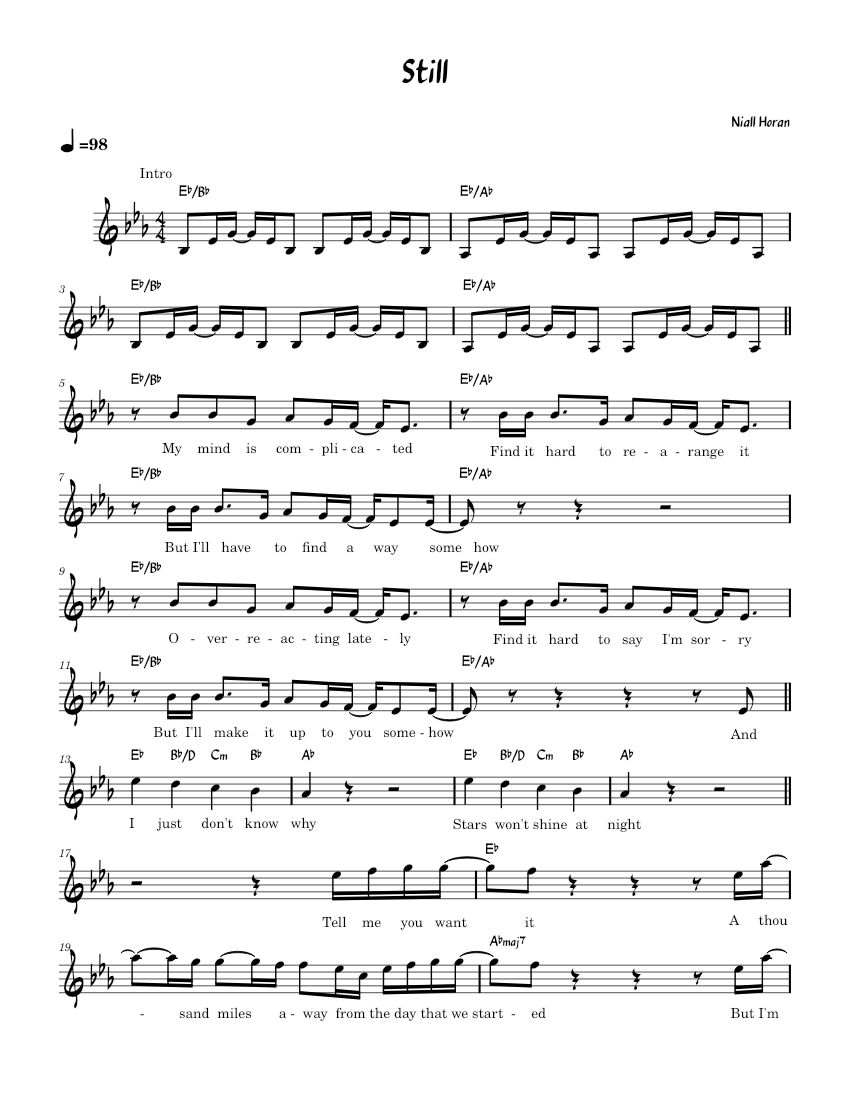 Still by Niall Horan Sheet Music with Chords for Piano (Solo) Easy ...