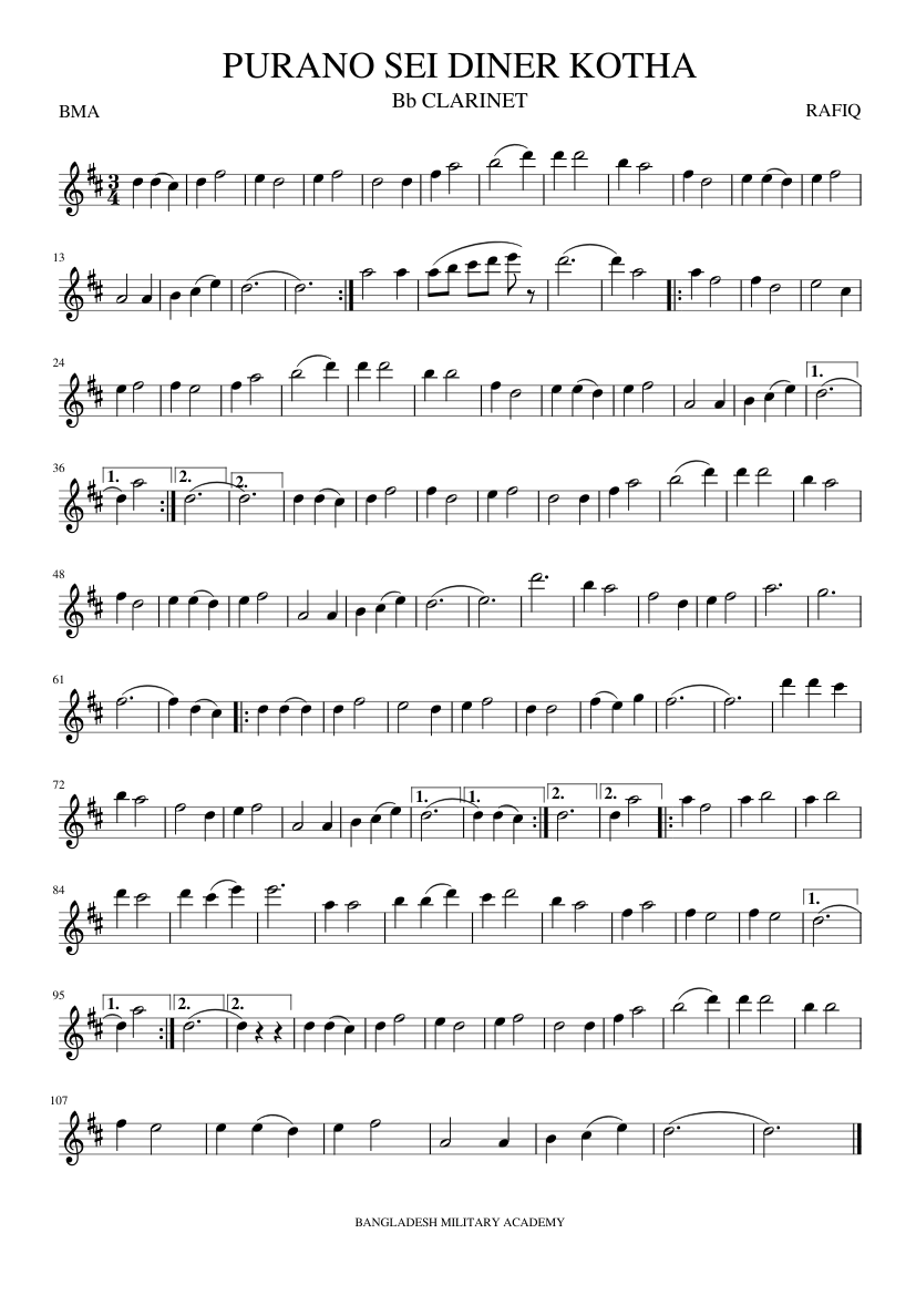 PURANO SEI DINER KOTHA !! Bb CLARINE. Sheet music for Clarinet in b ...
