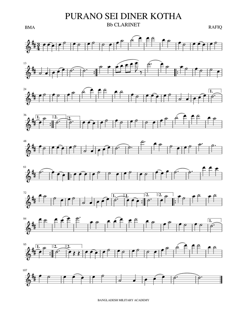 PURANO SEI DINER KOTHA !! Bb CLARINE. Sheet music for Clarinet in b ...