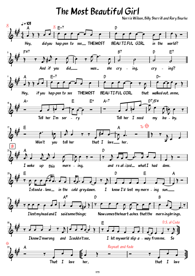The Most Beautiful Girl (Lead sheet with lyrics ) Sheet Music for Piano ...