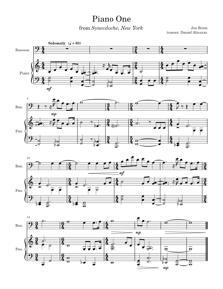 Piano One (from Synecdoche, New York) Sheet Music for Piano, Bassoon ...