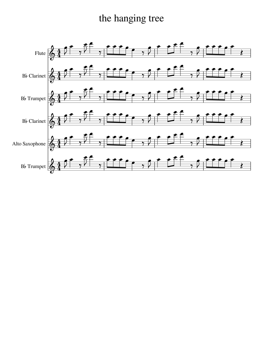 The Hanging tree Sheet music for Flute, Clarinet in b-flat, Saxophone ...