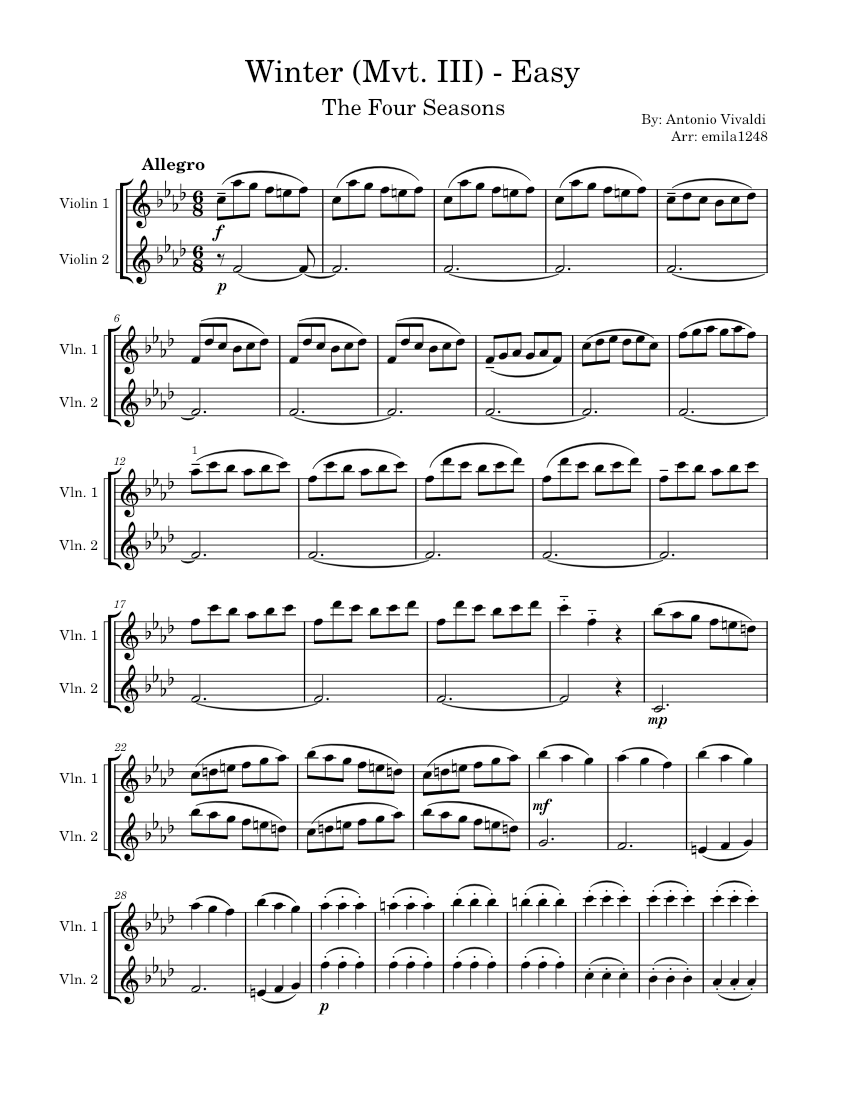 The Four Seasons - Winter – Antonio Vivaldi Mvt. III Violin Duet (Easy ...