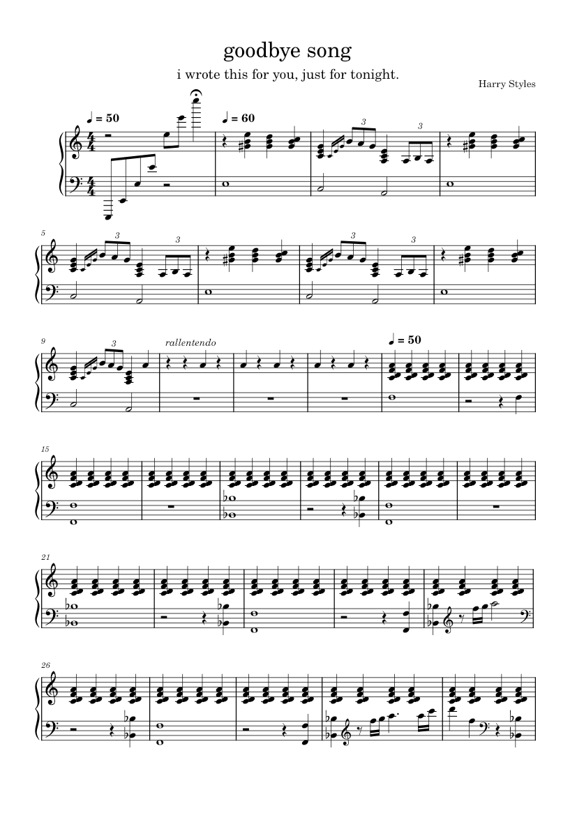 Goodbye song – Harry Styles the goodbye song. Sheet Music for Piano ...