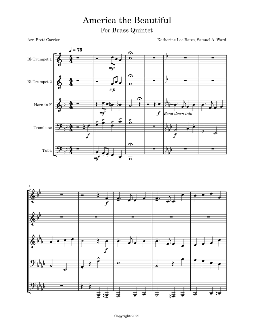 America the Beautiful Brass Quintet Sheet music for Trombone, Tuba ...