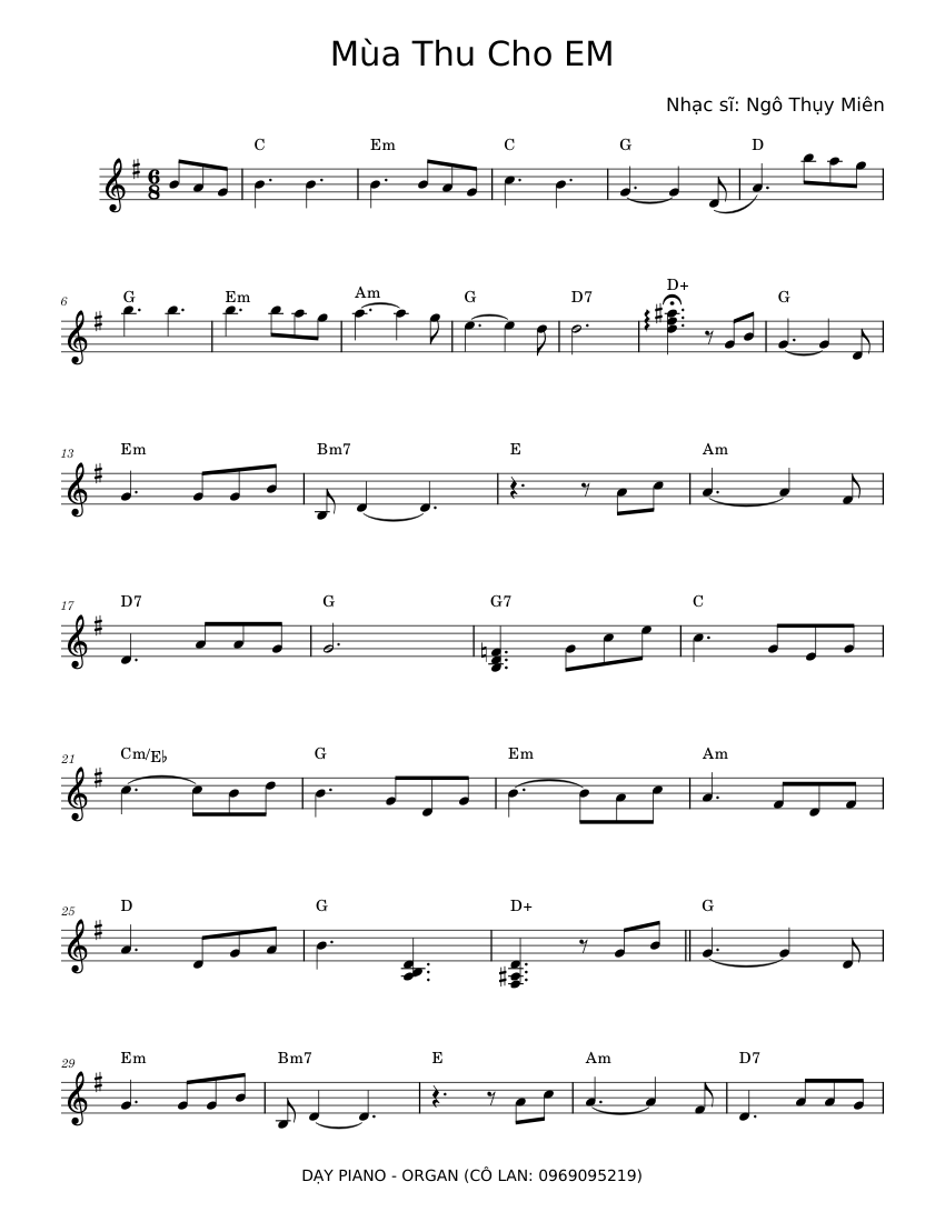 Mùa thu cho em - Ngô Thụy Miên Sheet music for Piano (Solo) Easy ...