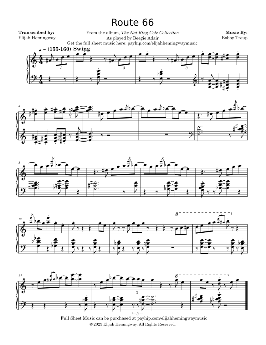 Route 66 - Beegie Adair Transcription Sheet Music for Piano (Solo) | MuseScore.com