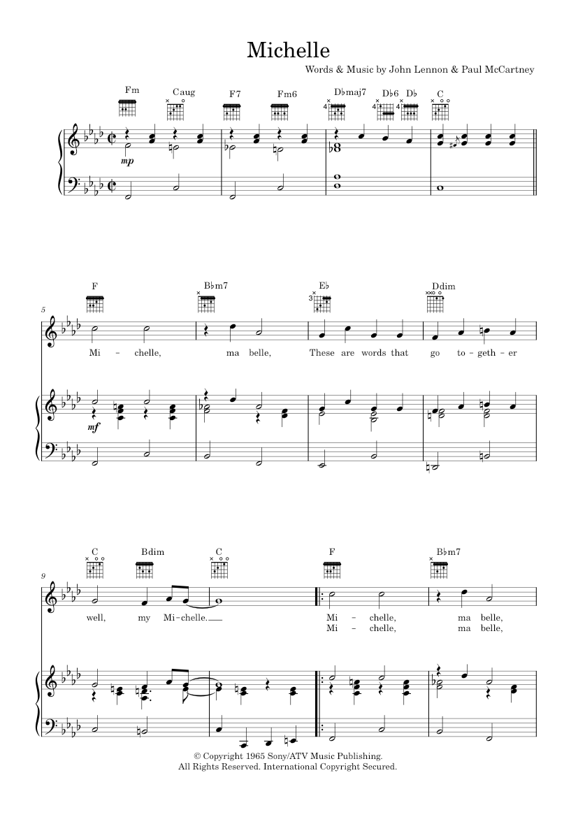 michelle Sheet music for Piano, Vocals by The Beatles Official ...
