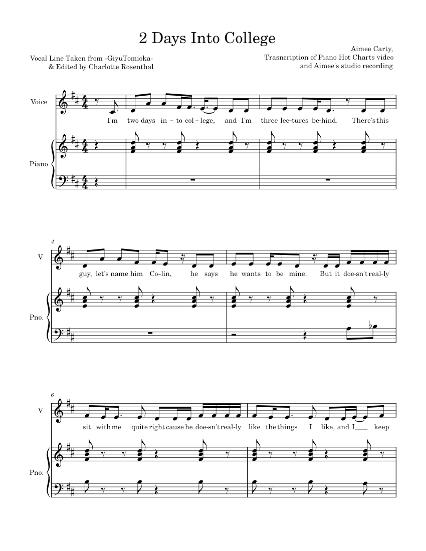 2 Days into College – Aimee Carty Sheet Music for Piano, Voice (other ...