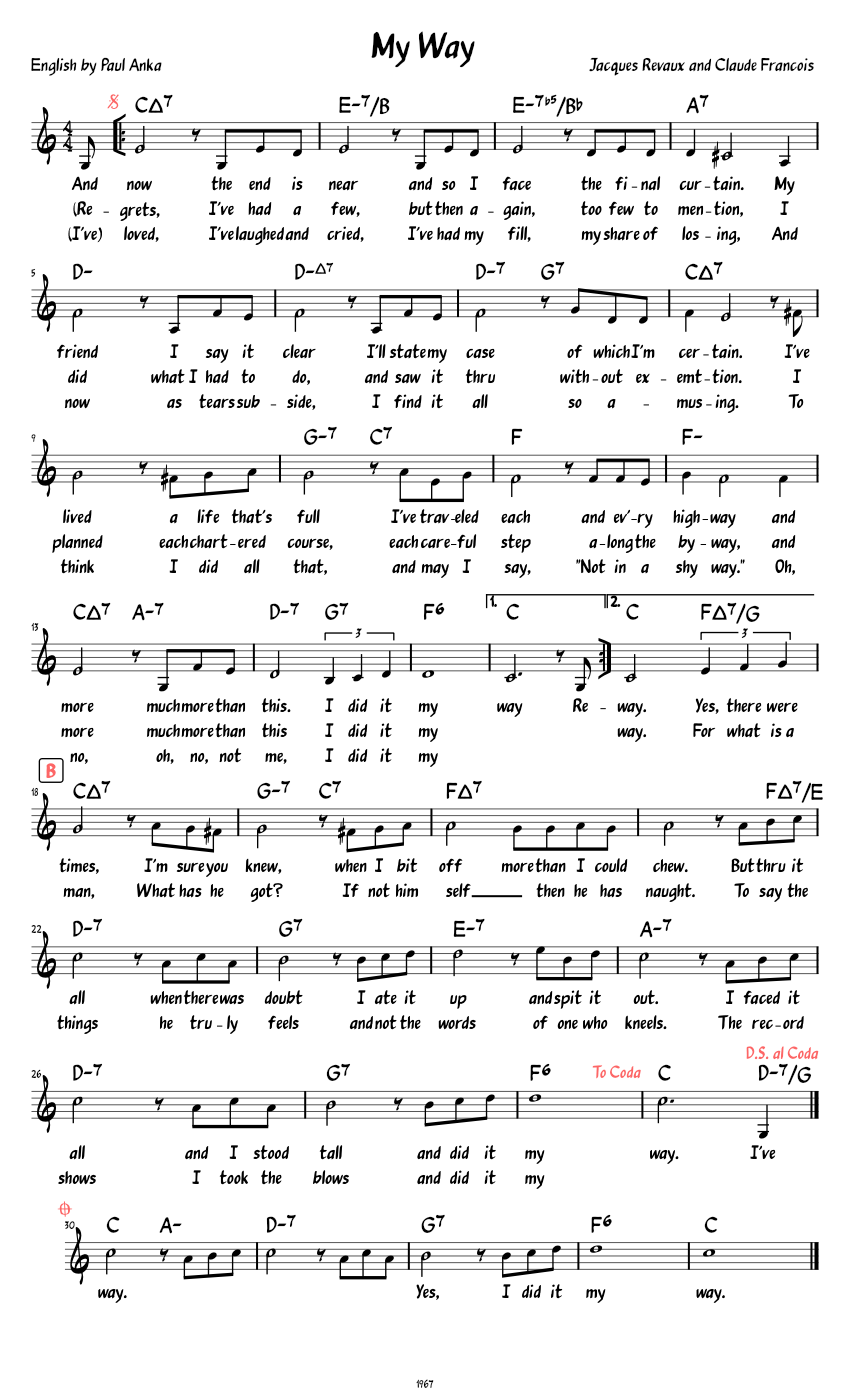 My Way (Lead sheet with lyrics ) Sheet Music with Chords for Piano ...
