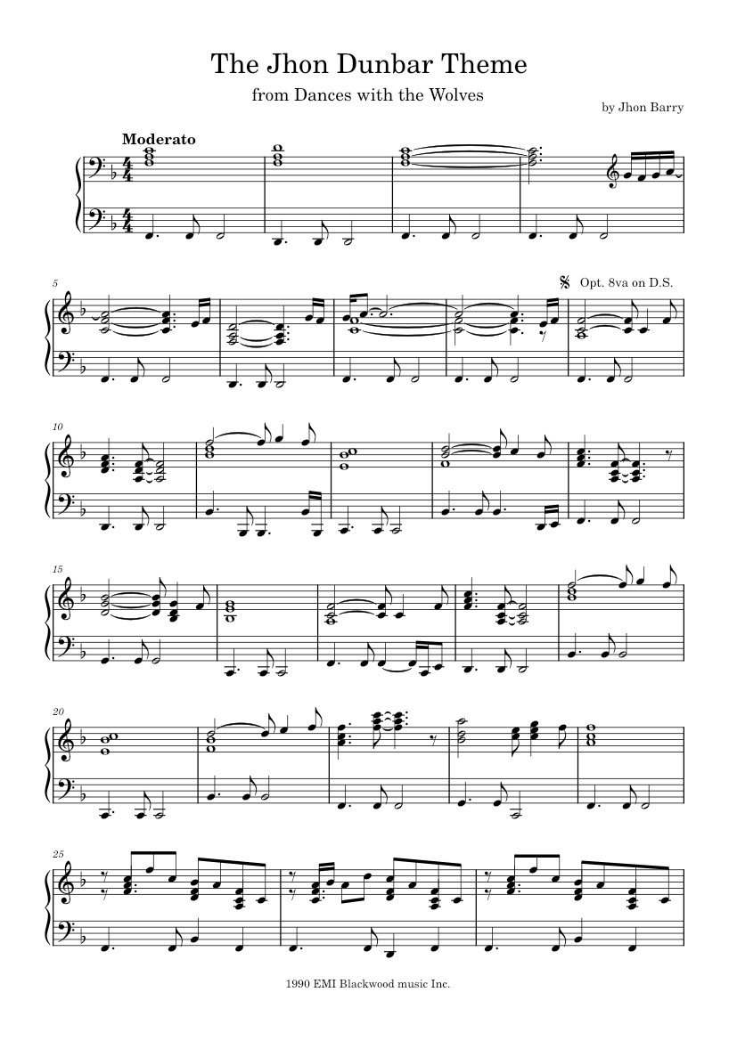 The John Dunbar Theme (from Dances with Wolves) – John Barry ! Sheet ...