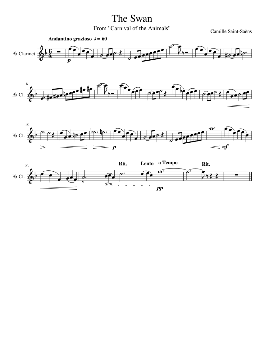 Eb Bb C The Swan Camille Saint Saens for Clarinet Alto Sax Flute ...