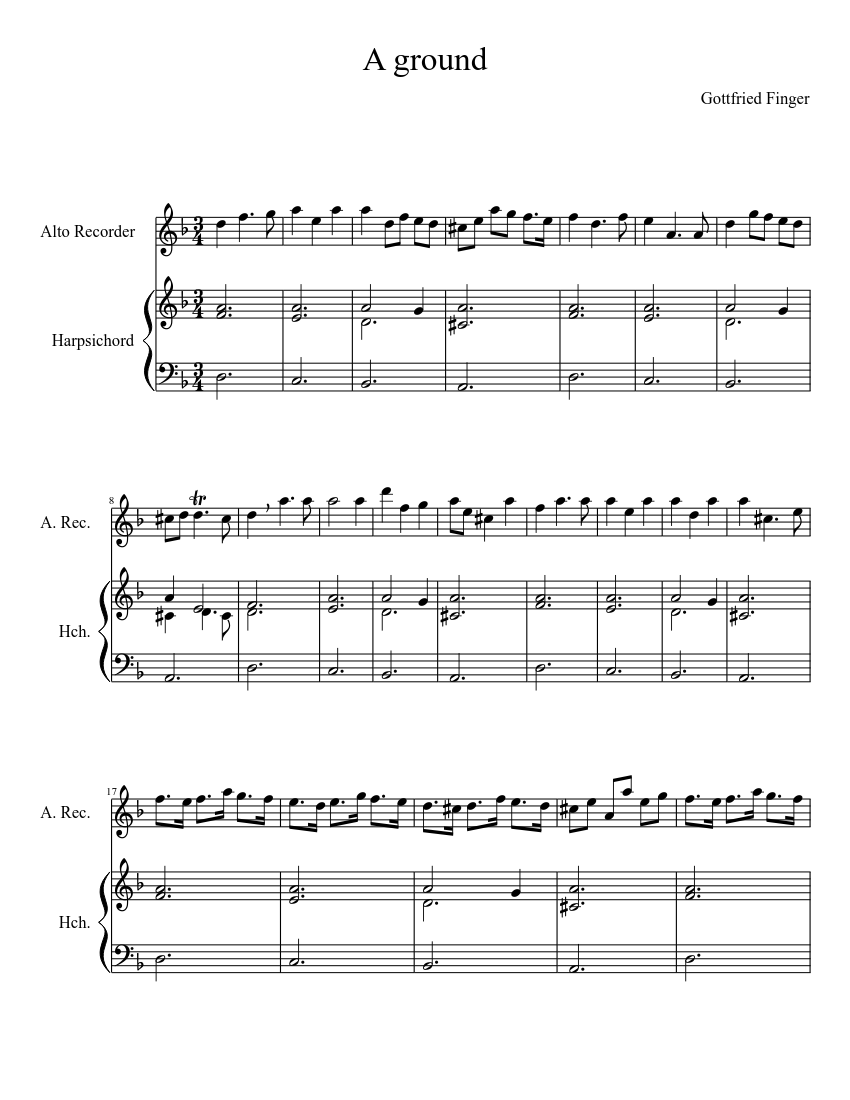 A ground Gottfried Finger in D minor alto recorder Sheet Music for ...
