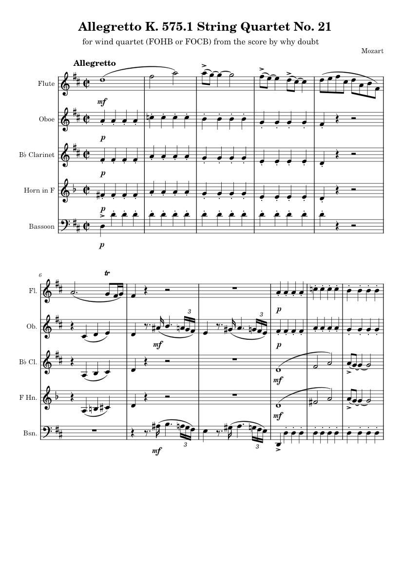 Allegretto String Quartet No.21 in D major, K.575.1 – Wolfgang Amadeus Mozart Sheet Music for ...