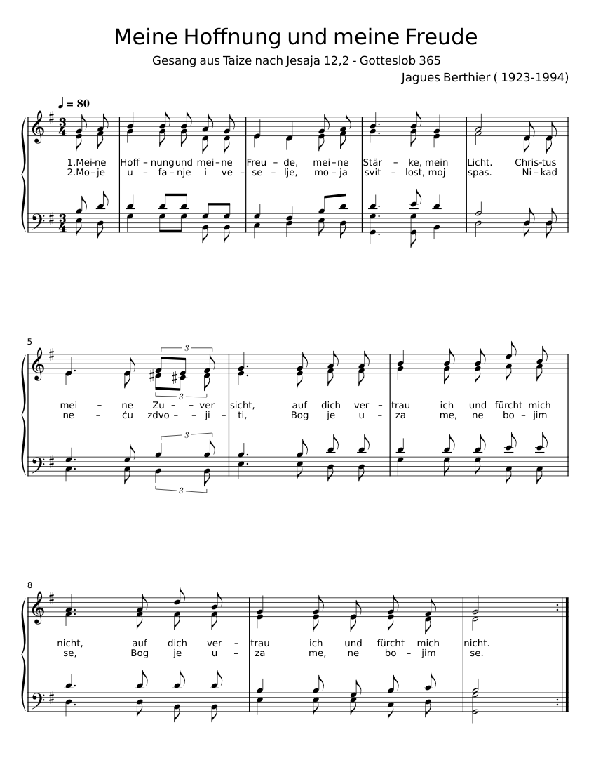 Meine Hoffnung und meine Freude - Jaques Berthier Sheet Music for Synthesizer (Mixed Duet ...