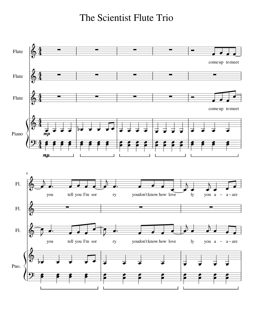 The Scientist Flute Trio Sheet Music for Piano, Flute (Mixed Quartet ...