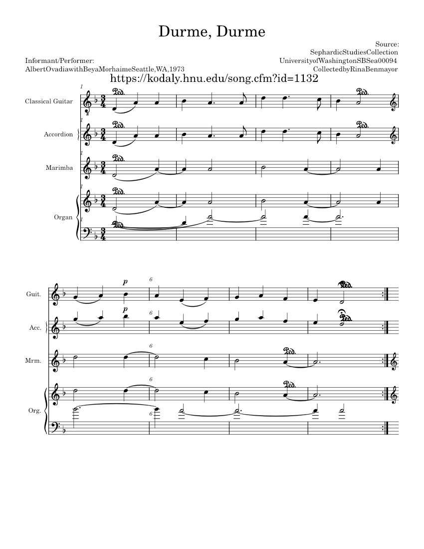 Durme, Durme Jewish / Folk Sheet Music for Accordion, Organ, Guitar ...
